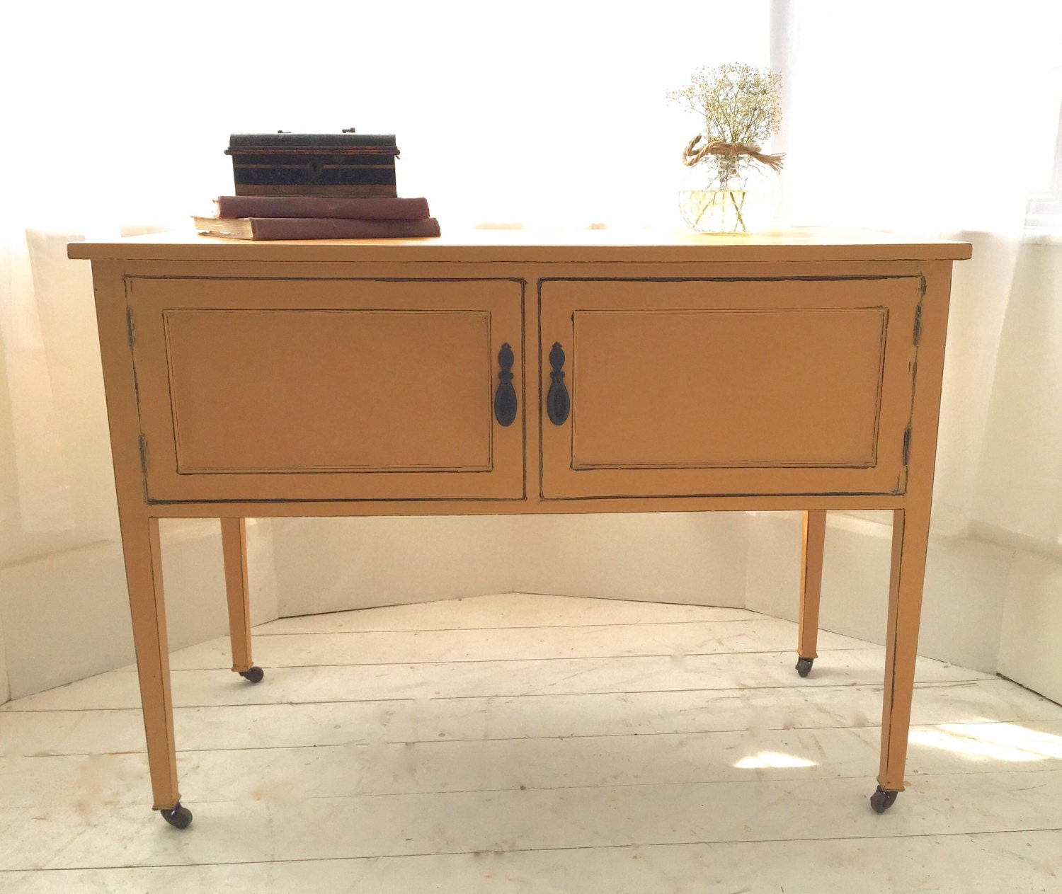 Vintage Yellow Distressed Cabinet, Console Table, Shabby, Industrial ...