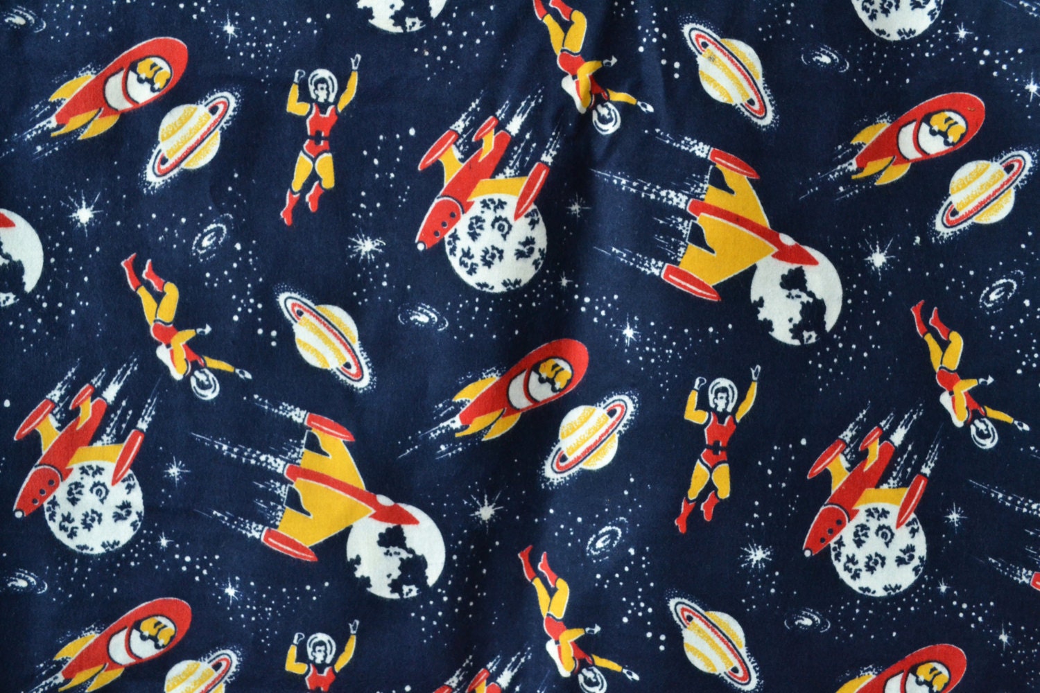 Vintage 60s Rocket Man Cotton Flannel Fabric by YubaMercantile