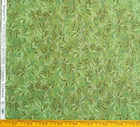 Spring GREEN Cotton Fabric Print. 1/2 yd. Vines leaves