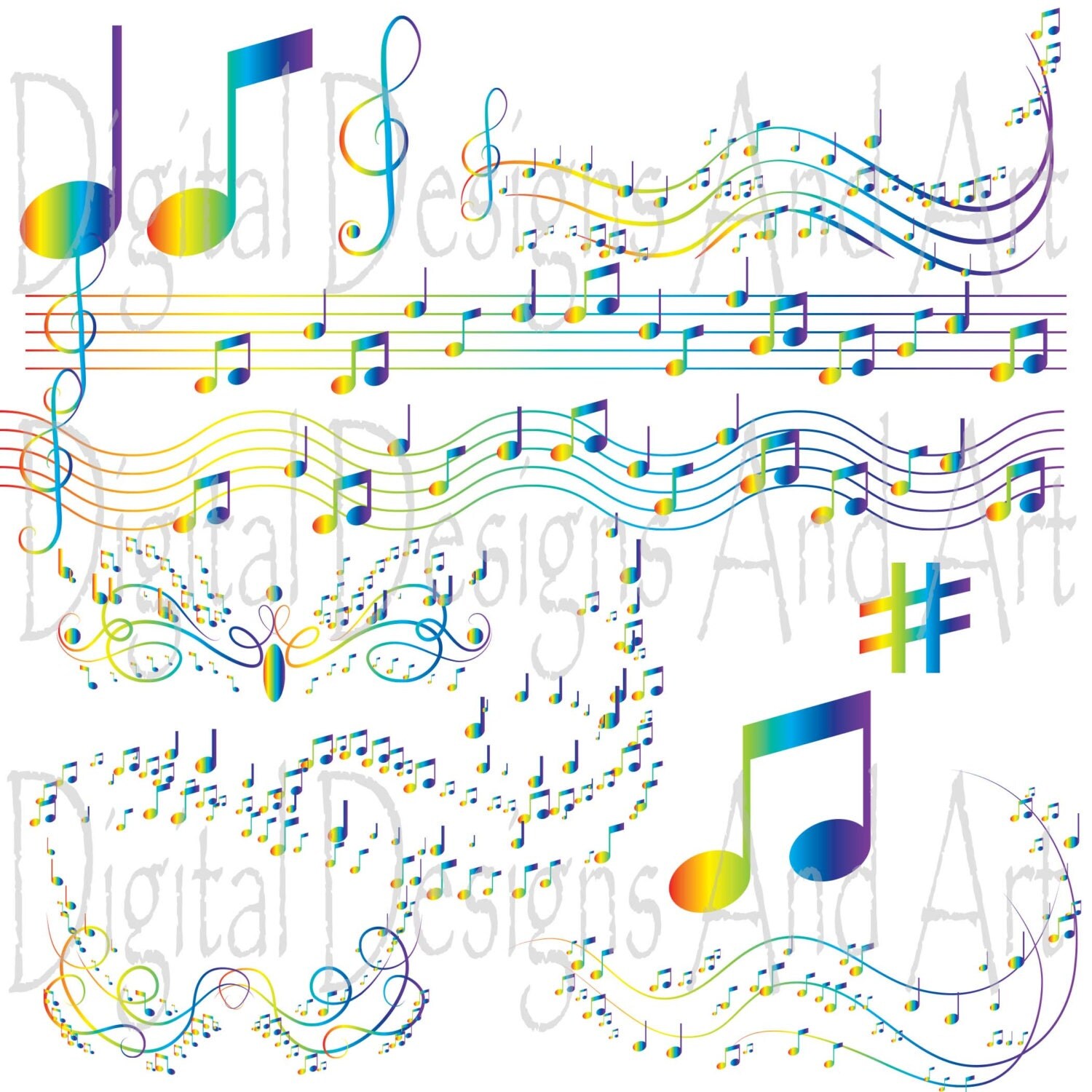 Rainbow Music clipart colorful notes clip art Digital