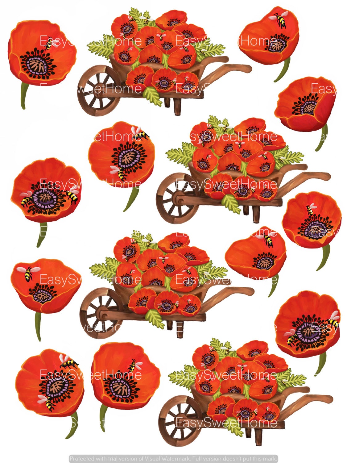 Set of 15 Country Style Poppy Decals Red Poppy Decals for