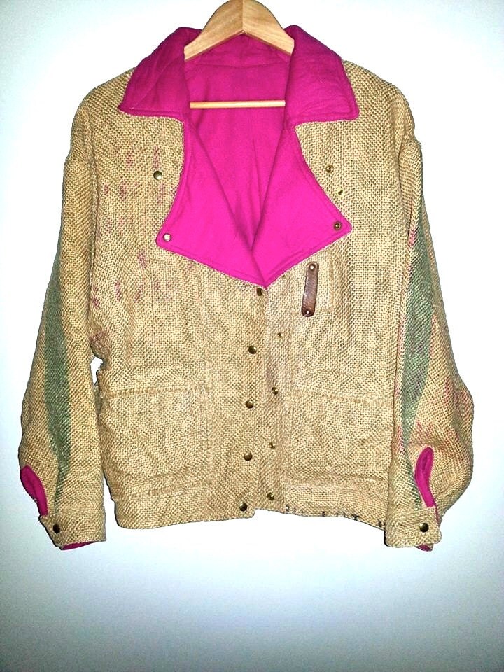 VINTAGE BURLAP JACKET Rare Button Up Tan Pink Blanket Lined