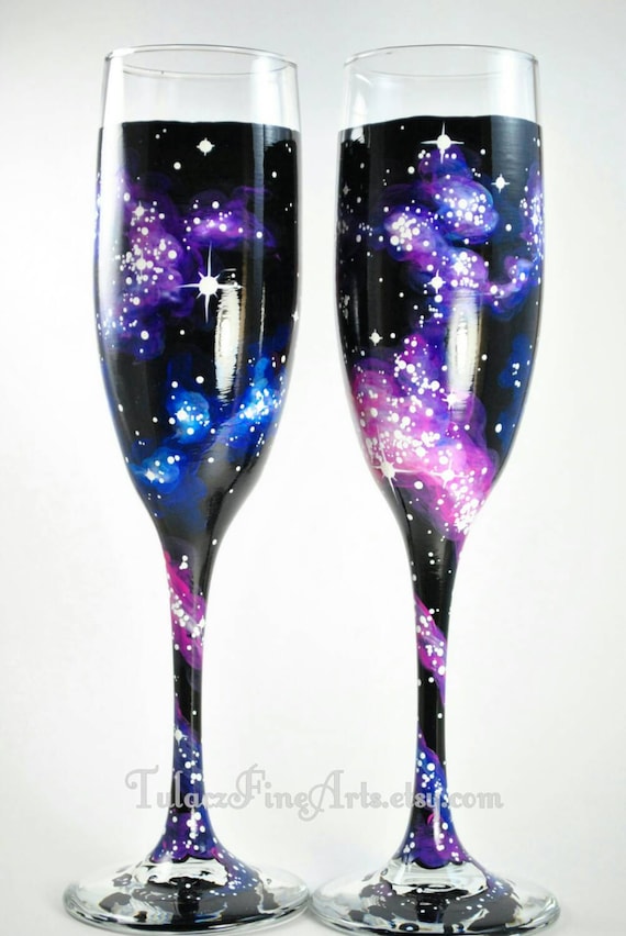 Hand Painted Galaxy Champage Glasses outer space by TulaczFineArts