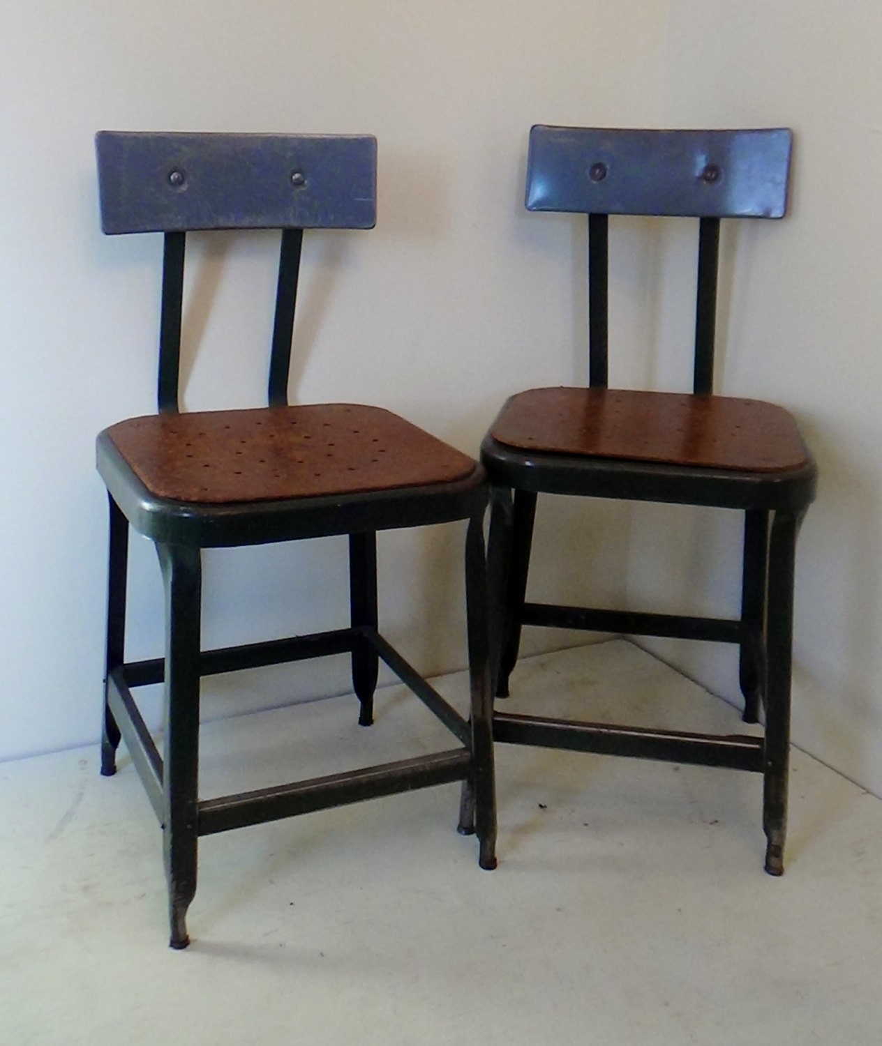 2 Vintage Industrial Steel Metal Shop Stool Chair Drafting Factory ...