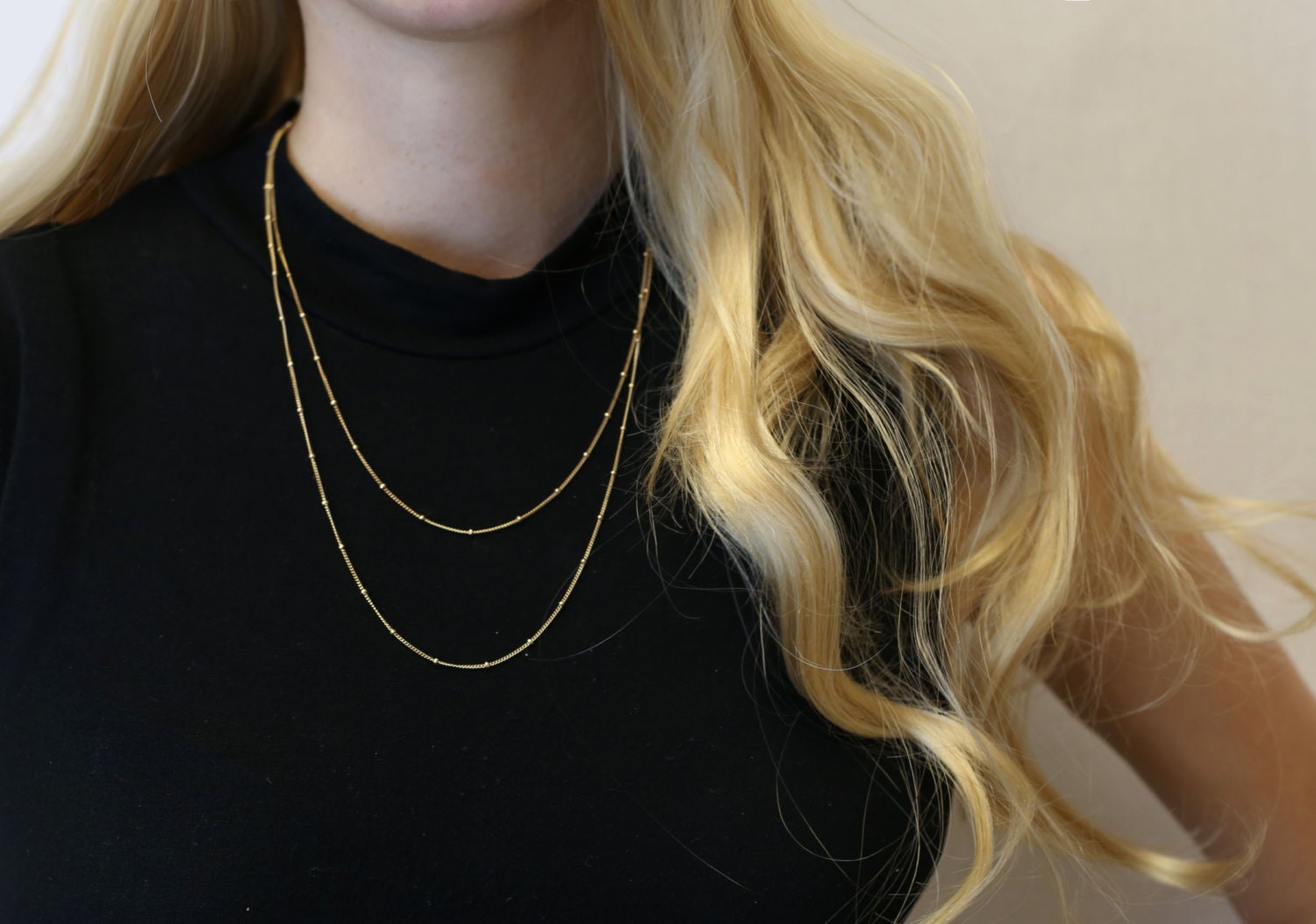 Beaded double chain layered necklace //simple delicate wrap
