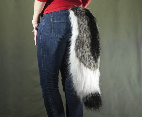 In Stock Tri-Color Faux Fur Wolf Tail with Center Stripe