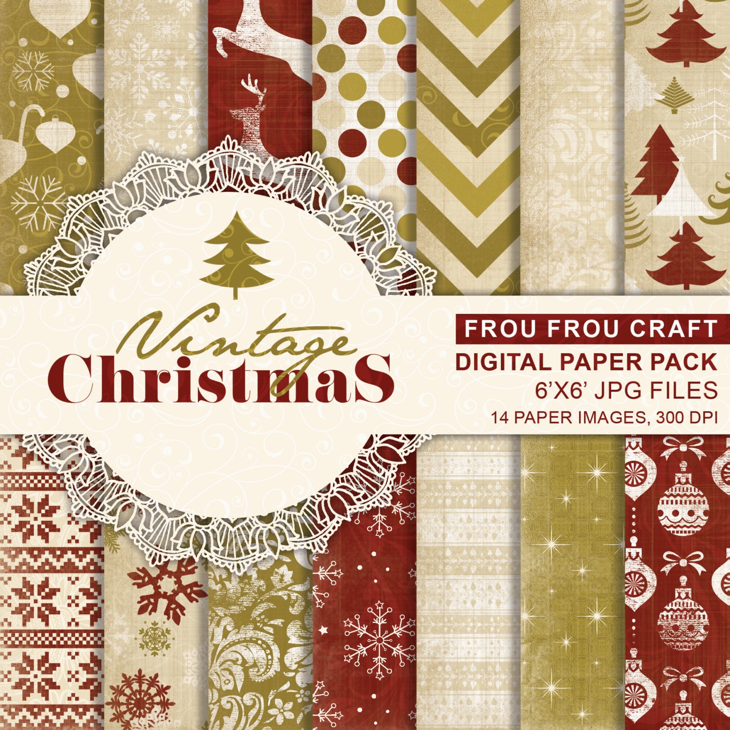 Vintage Christmas Digital Paper Pack Instant Download Red