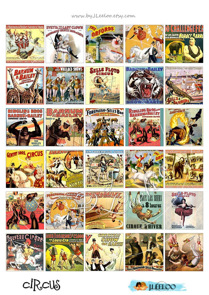 Digital collage sheet CIRCUS images 1.5 inch square by byJLeeloo