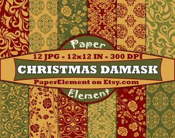Christmas Digital Paper Pack of Damask Backgrounds in Red Gold and ...