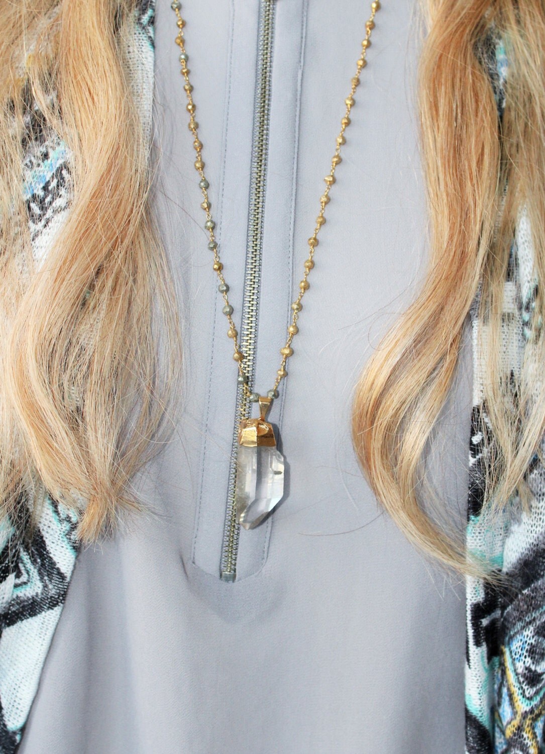 Crystal Quartz Necklace in Gold, Pyrite Beaded Necklace, Boho Chic ...