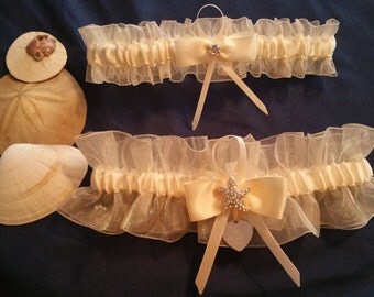 White Lace garter set light blue satin Star fish Rhinestone