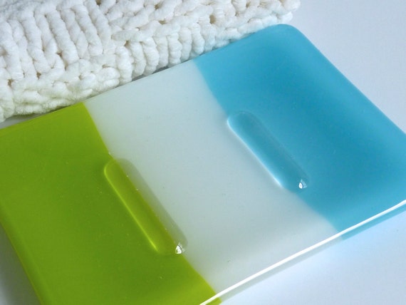 Fused Glass Soap Dish in Cyan Blue White and Spring by BPRDesigns