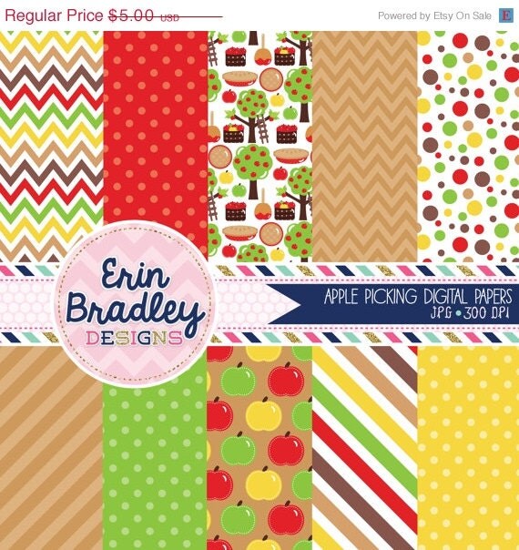 50% OFF SALE Apple Picking Fall Digital Paper Pack Polka Dots Stripes ...