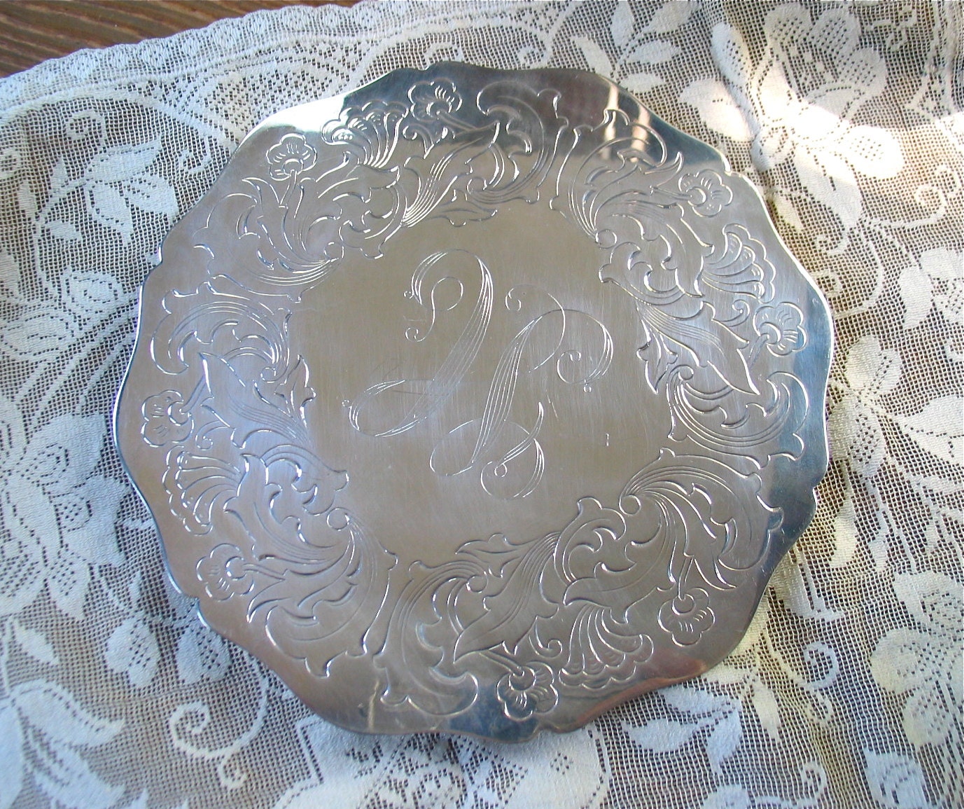Silverplate Footed Trivet With Monogram “H” Floral Etching Vintage ...