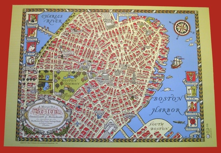 Boston Downtown 1920 Map Poster Vintage Charles by NewOldMaps