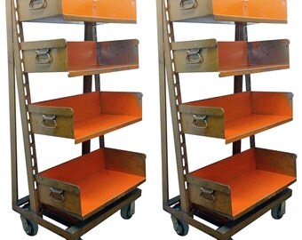 Vintage Industrial Orange Shelving Storage Carts; pair available