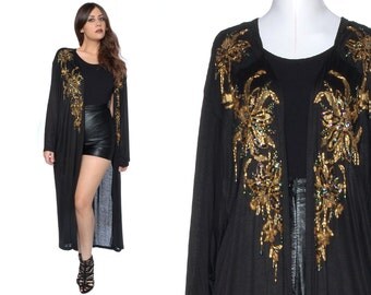 Duster Jacket 80s Sequin GOLD Flowers Black Kimono Batwing Sleeves ...