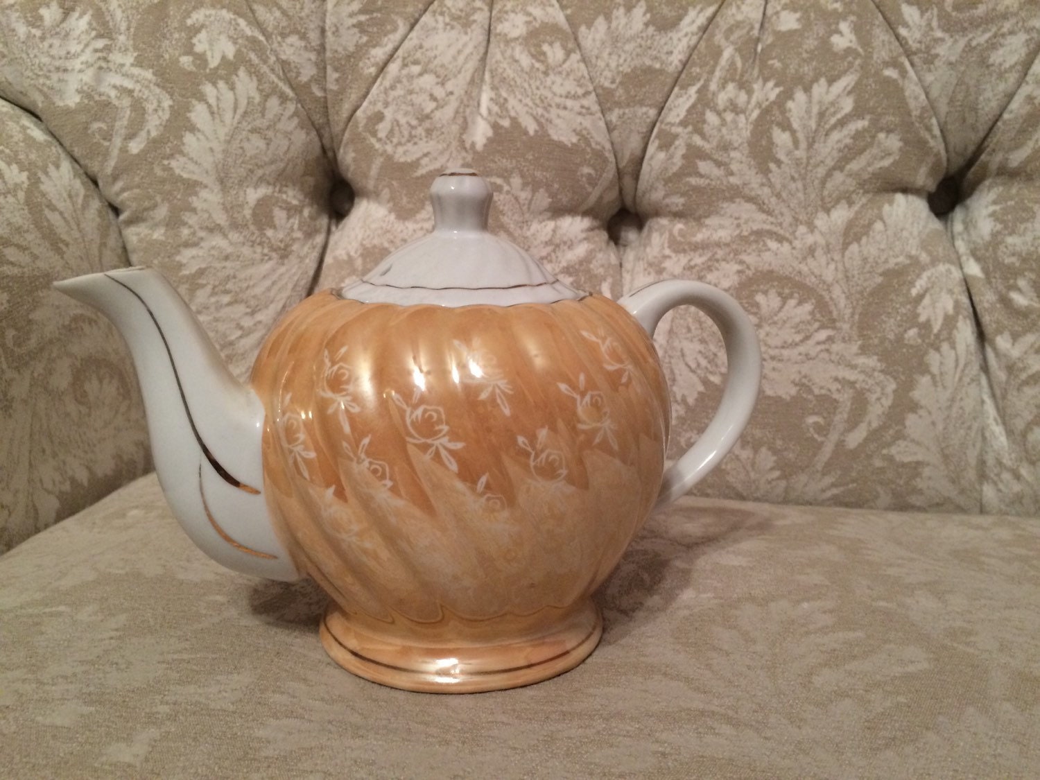 Darling Peach Luster Teapot With Gold On White Trim