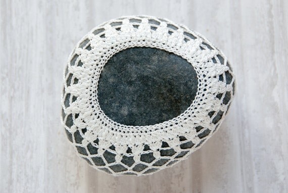 Crochet covered rock lace stone beach wedding ring pillow