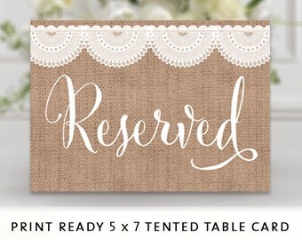 Burlap and Lace Reserved Sign - Tented Sign - 5 x 7 - Instant Download ...