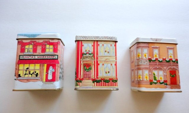 Vintage Metal Tins SET of 3 Tiny houses 1990s NOS Christmas tins Gift ...