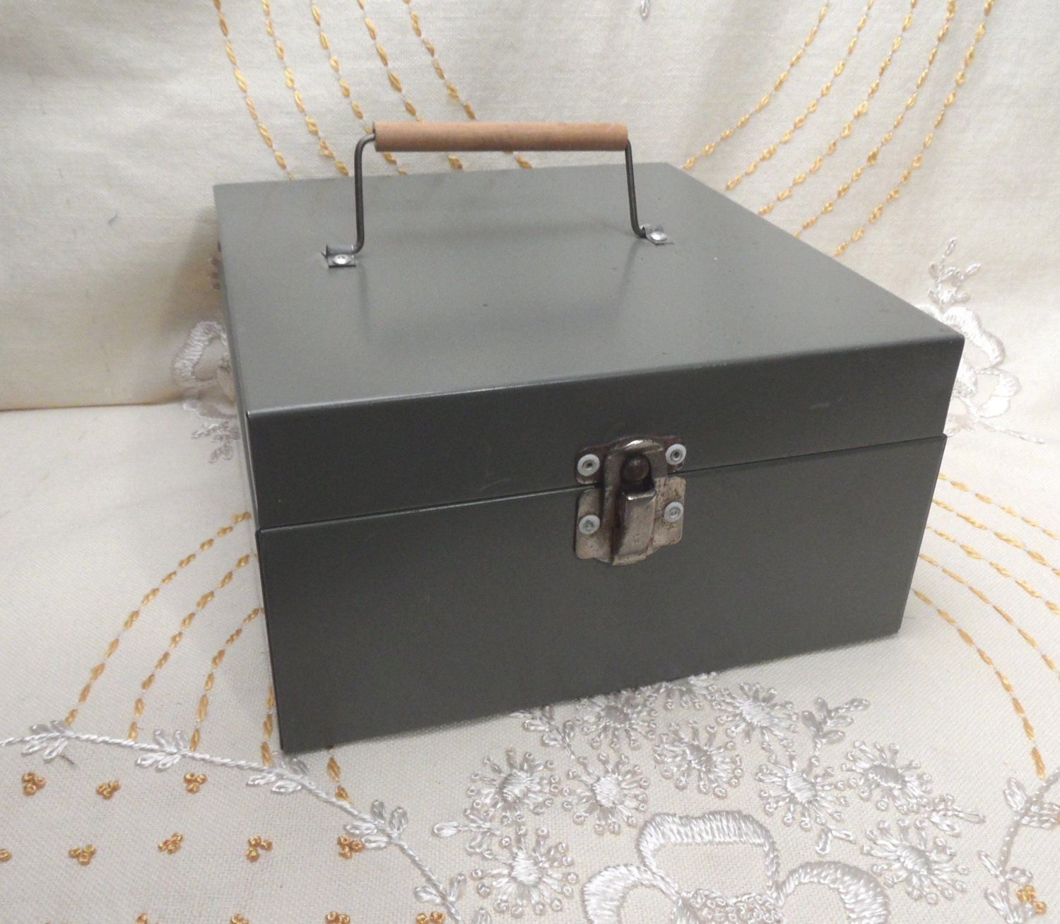 Industrial grey metal file box, vintage / gray office filing box ...
