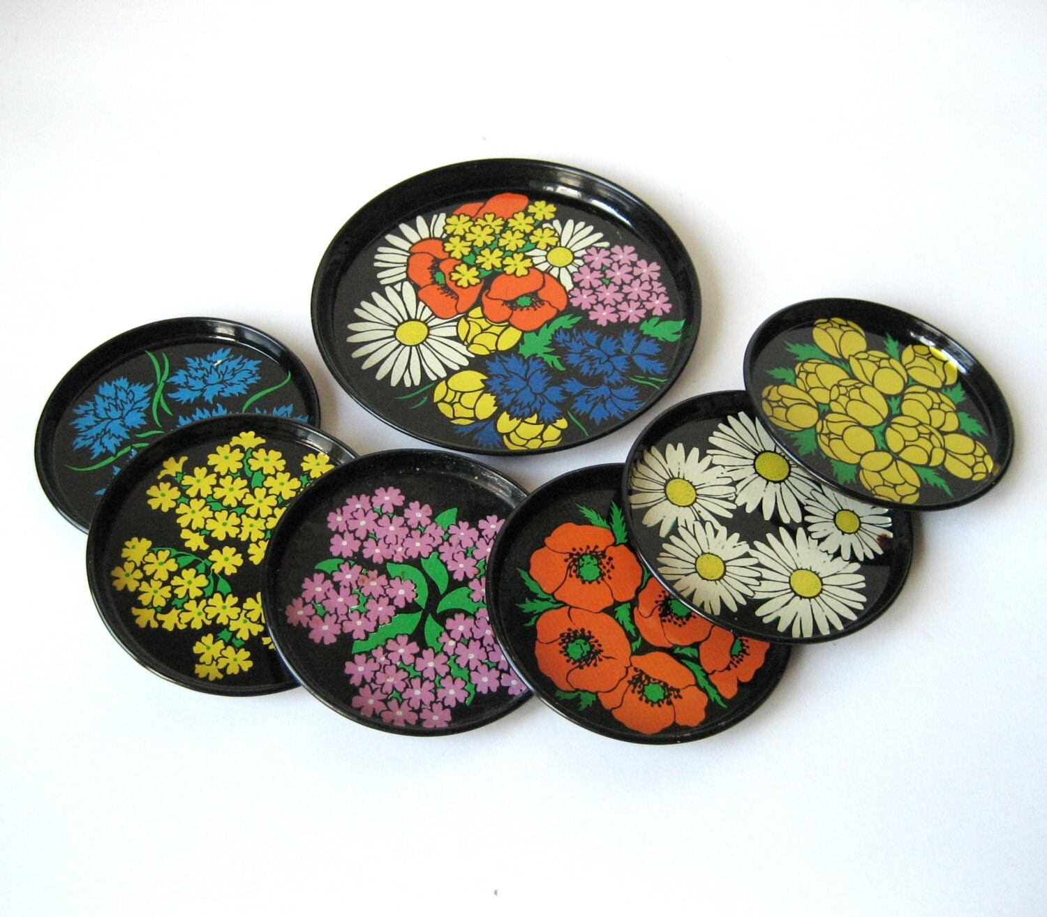 Tin Coasters with Flowers Set of 7 Vintage Black Metal Coasters for ...