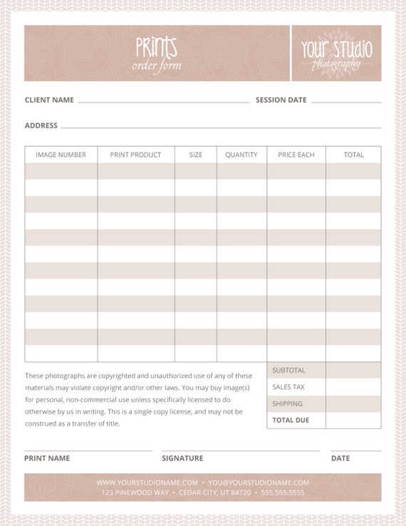 Prints Order Form Template for Photographers by CherryBloomDesign