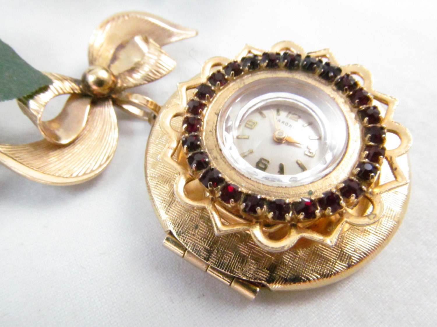 Gorgeous Baroness Ladies Vintage Bow Pin Watch & Picture Locket 12K 1/ ...