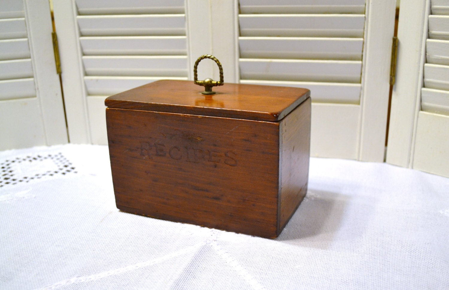 Vintage Wooden Recipe Box Brass Hardware Dove Tail Corners PanchosPorch ...