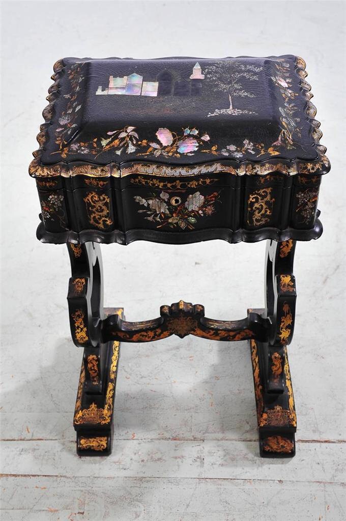 19th century Gorgeous Papier Mache & Mother of Pearls Sewing table ...