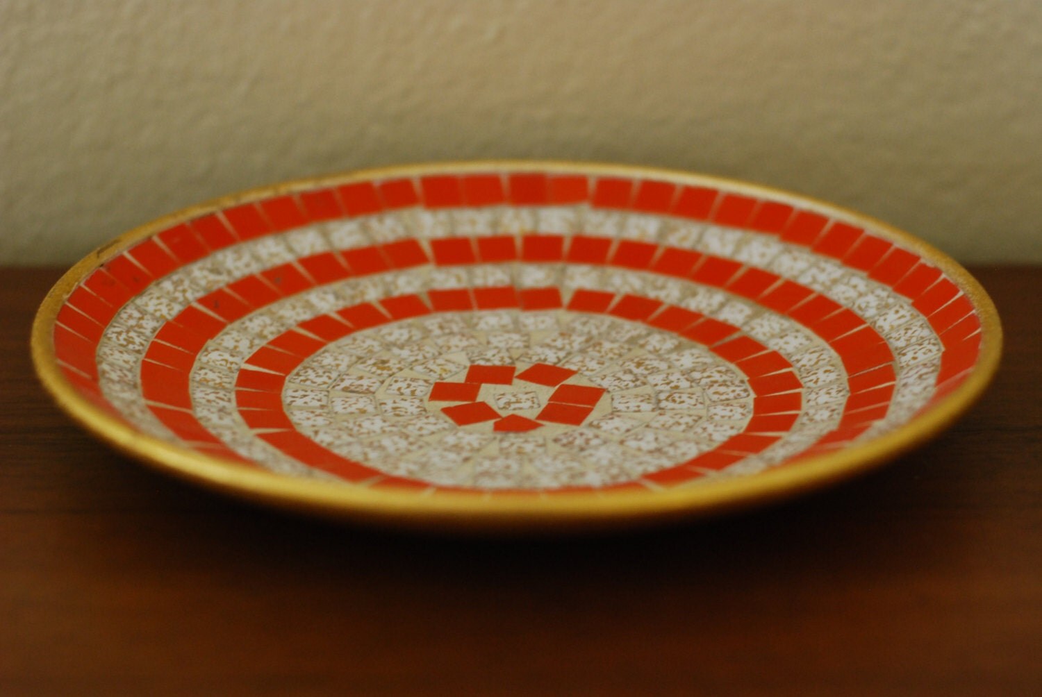 Vintage Mid Century Orange and White Mosaic Tile Plate with Gold Detail ...
