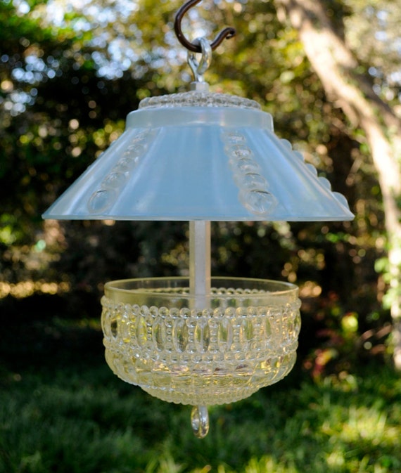 Blue glass clear glass covered bird feeder by StellaErwins on Etsy