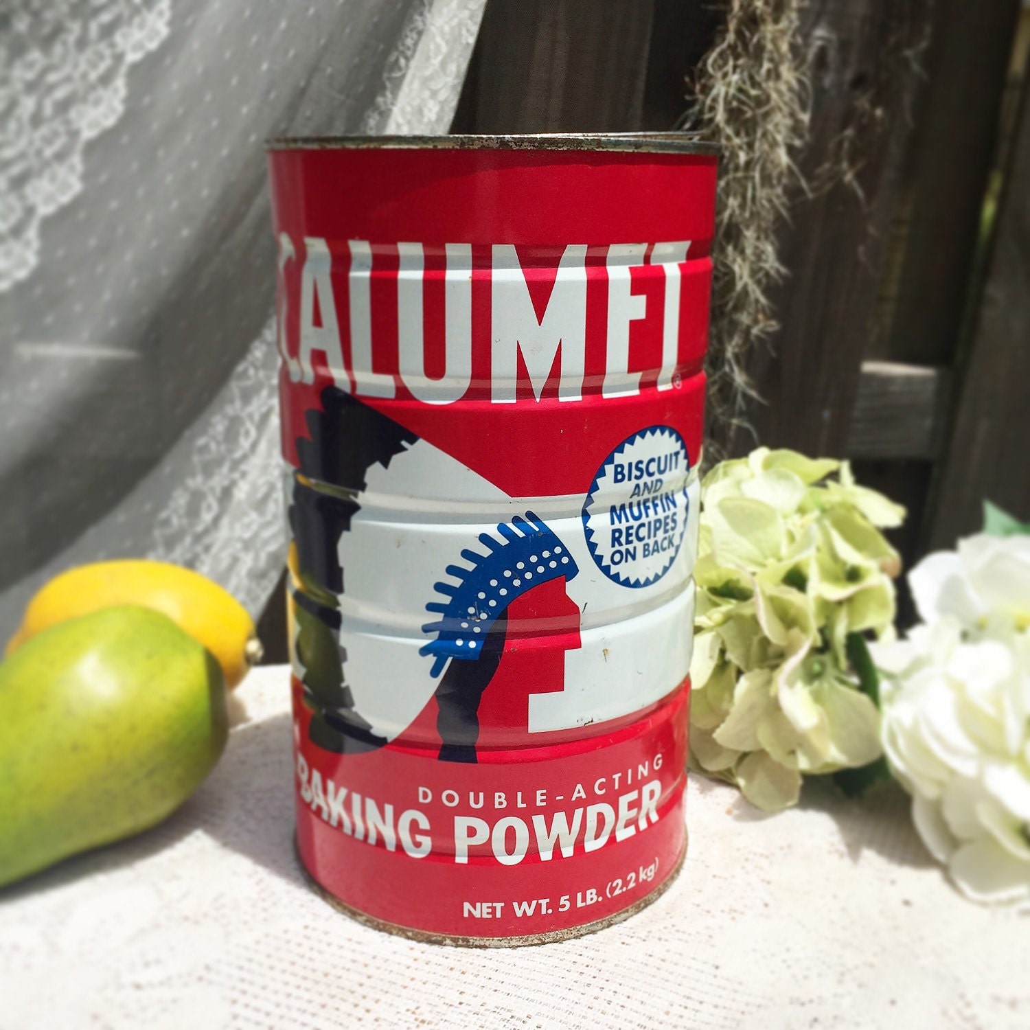 Large Vintage Calumet Baking Powder tin, 5 pound, storage container ...