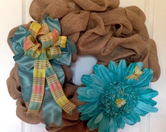 Spring/Summer Burlap Wreath with Oversized Turquoise Daisy