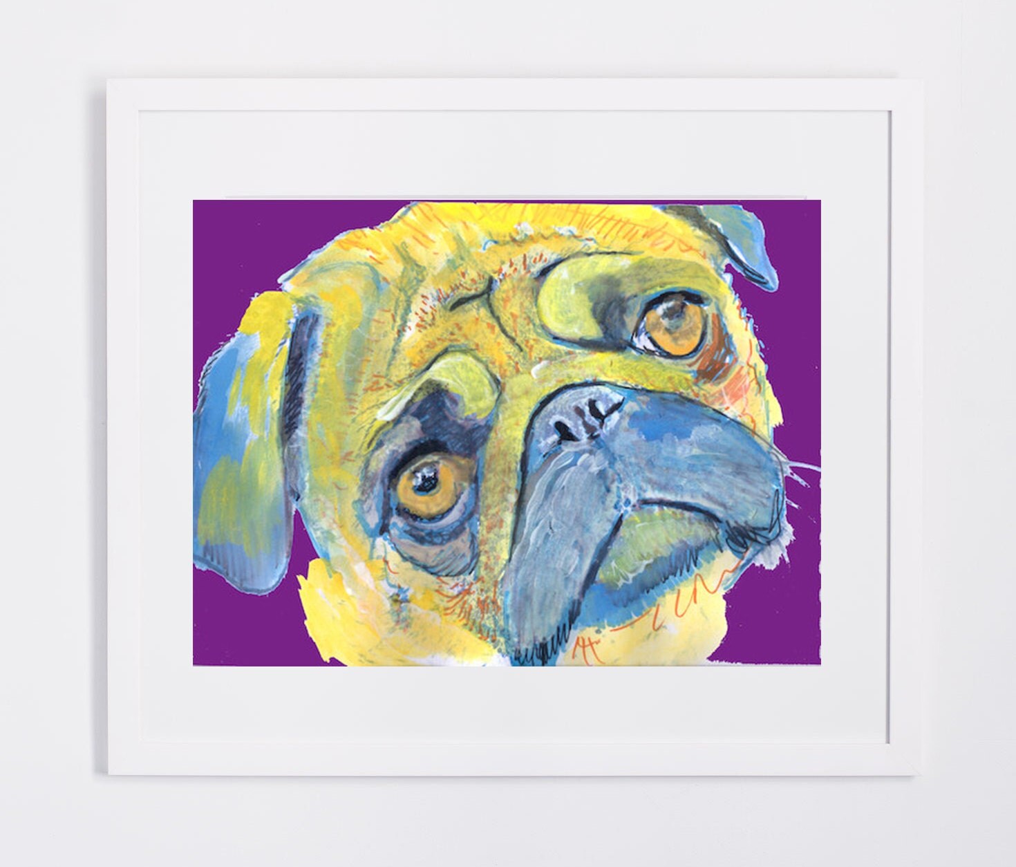 Pug Dog Painting Print Colorful Pug colourful Yellow Purple