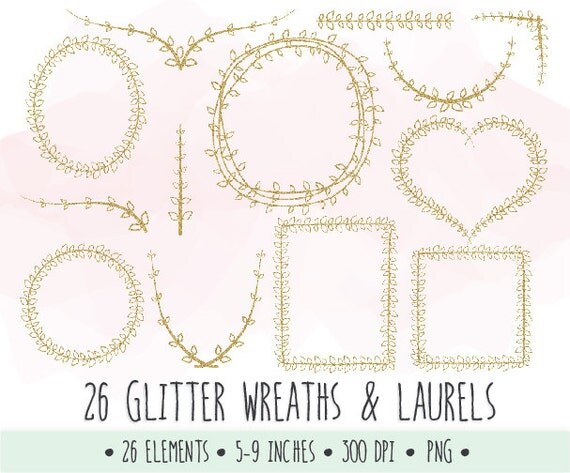 Gold Digital Wreaths Clip Art. Gold Glitter by PixelGardenDesign