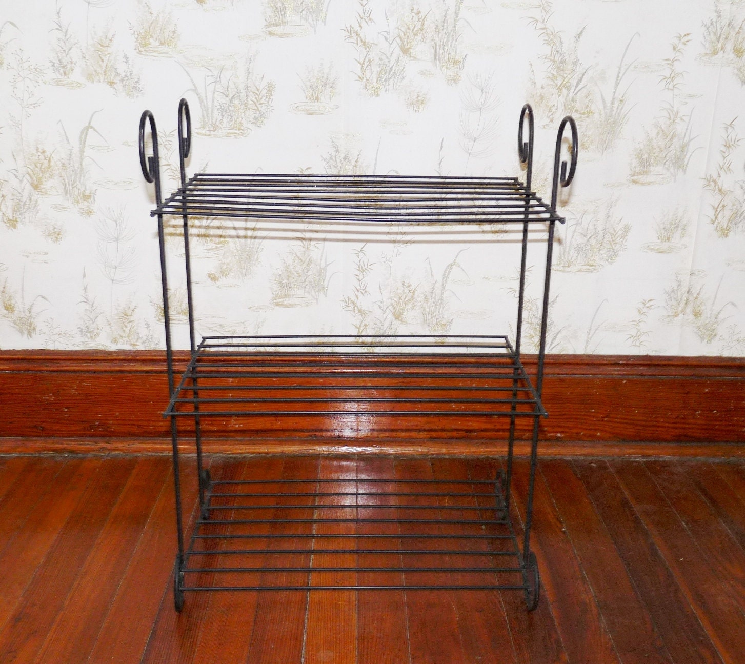 Vintage Mid Century Black Steel Wire 3 Tier Shelf Books/Plants ...