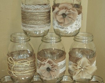 Items similar to shabby chic table decoration mason jar burlap and ...
