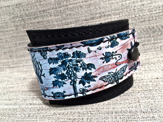 Leather Cuff Wrap Women's Bracelet Botanical Digital by Hollyhawk
