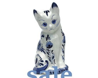 Vintage Seated Delft Cat Figurine with Blue and White Hand Painted ...