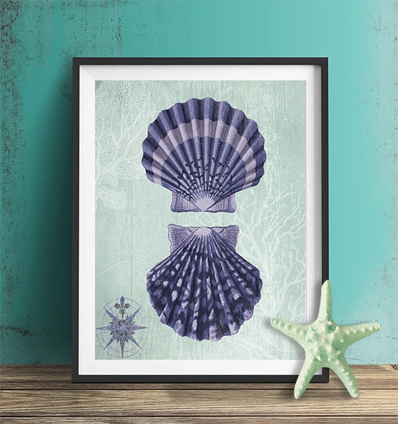 Scallop Shells in Blue Art Print Nautical print by NauticalNell