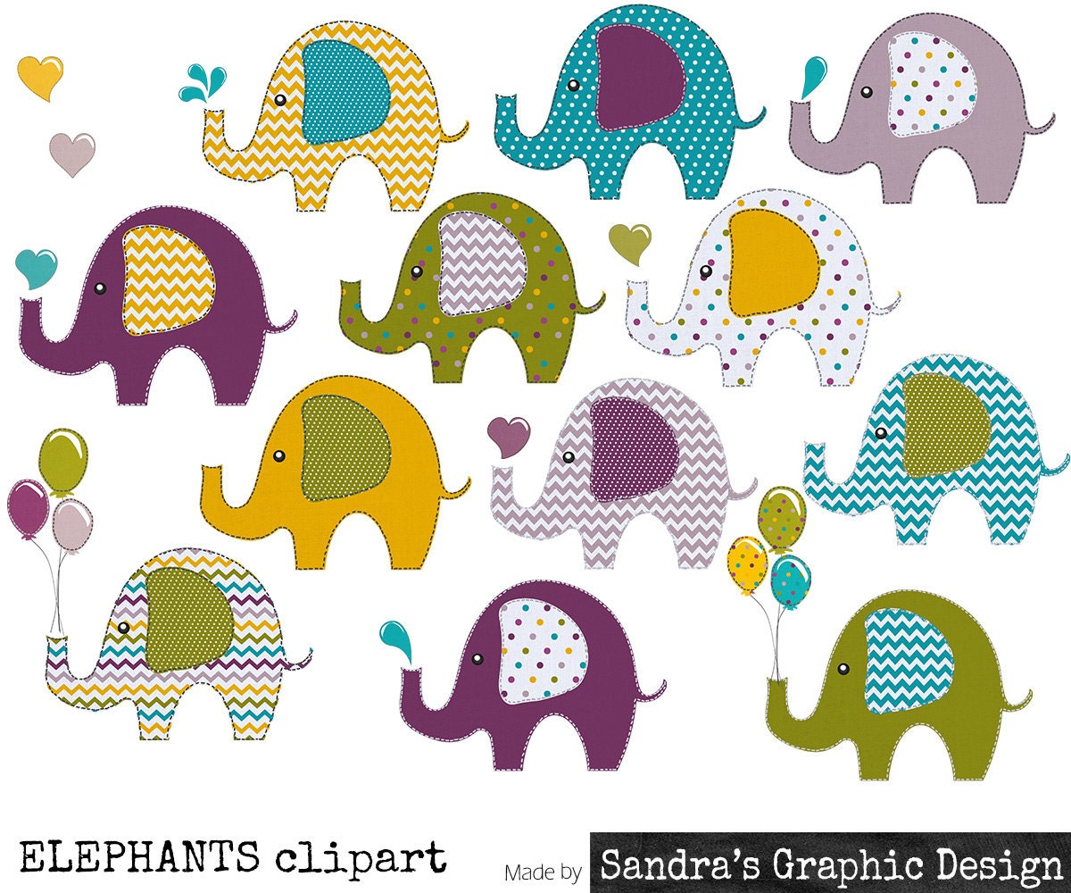 Clip art: “ELEPHANTS” in pretty colors and patterns with balloons ...