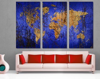 Abstract Metallic Gold World Map 3 Panel Split Canvas Print