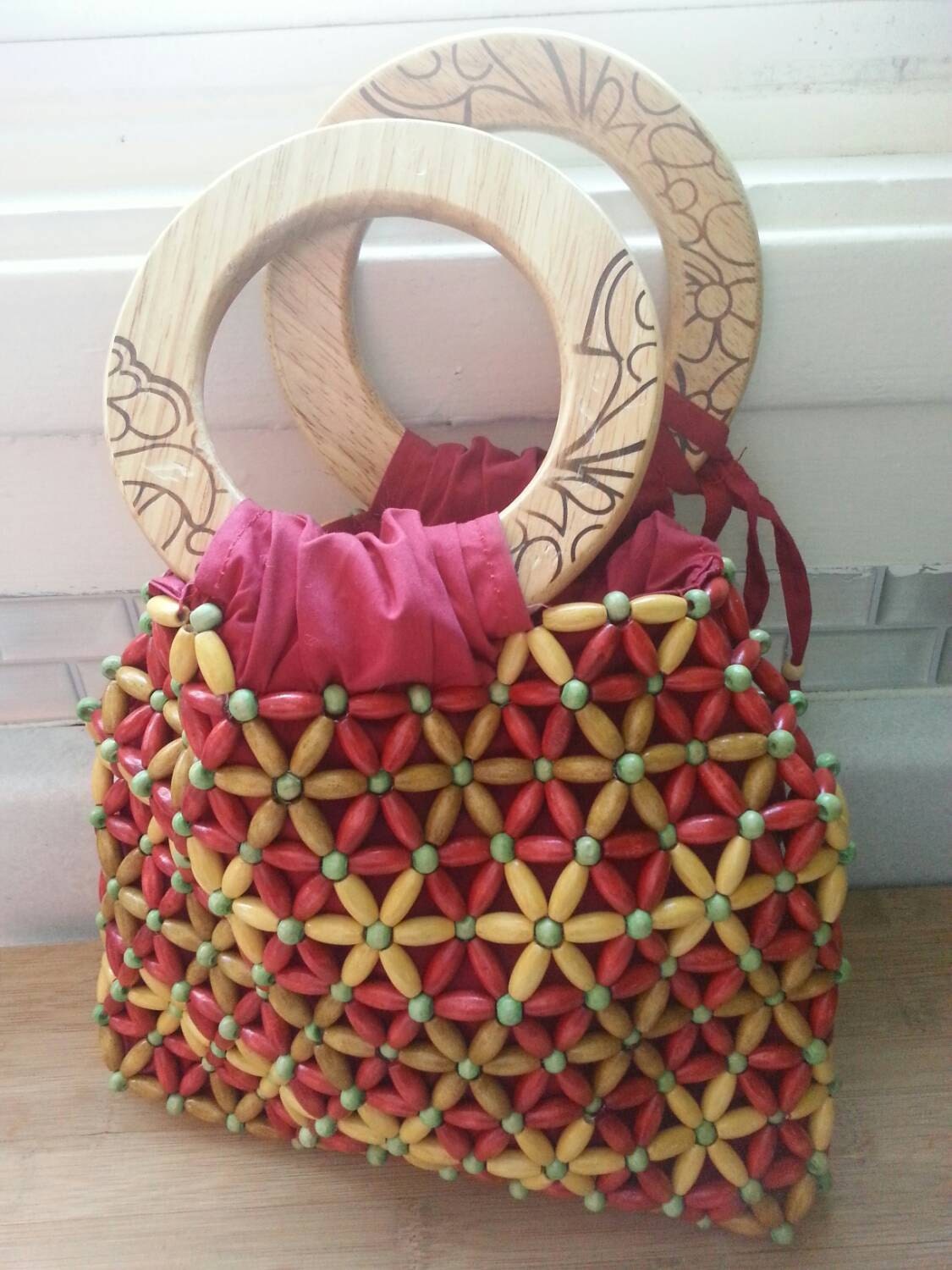 Vintage purse handbag with wooden handle & red flower, beach bag ...