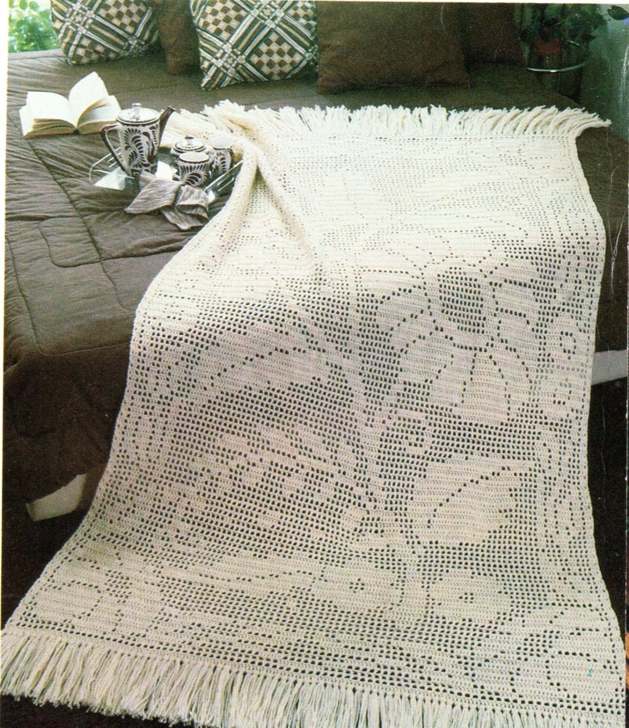 Filet Crochet Flower And Leaves Fringe Afghan Crochet Pattern