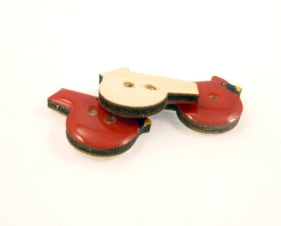 3 Primitive Wooden Red Cardinal Bird Novelty Sewing Buttons.