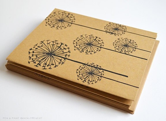 Set of FOUR Dandelion Folded Note Cards Dandelions wishes