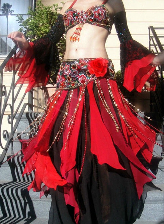 Items similar to Professional Ameynra Gypsy BELLY DANCE COSTUME Red ...