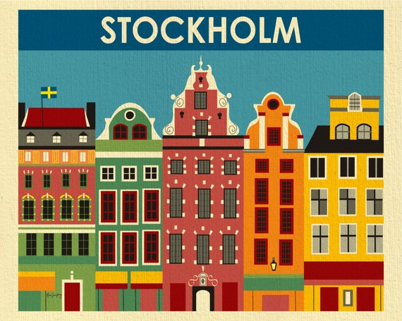 Stockholm Art Print Stockholm Skyline Sweden Retro Travel